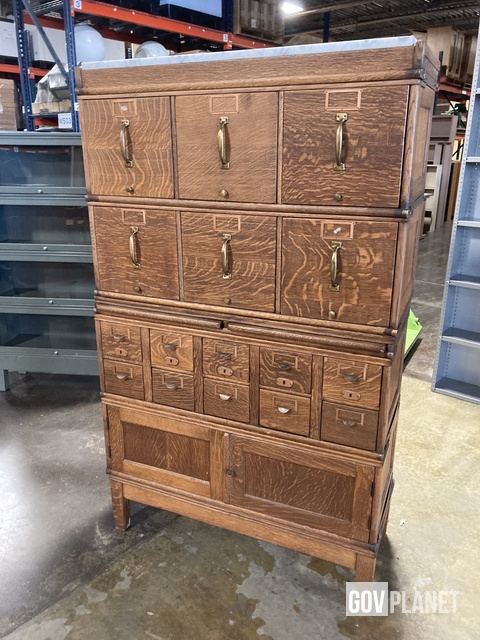 Vintage Antique Oak Wood Stackable Old School Filing Cabinet & Card ...