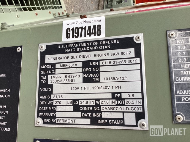 Surplus 2004 Fermont MEP-831A 3kW Generator Set in Chambersburg ...