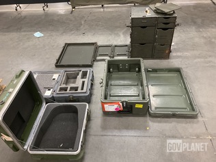 Surplus (1) Field Desk, (12) Assorted Storage Cases & (27) Storage Bins ...