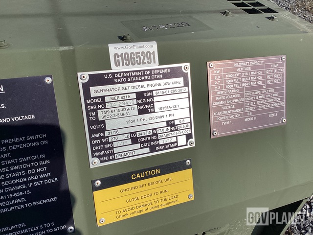 Surplus 2012 Fermont MEP-831A 3kW Generator Set in Chambersburg ...