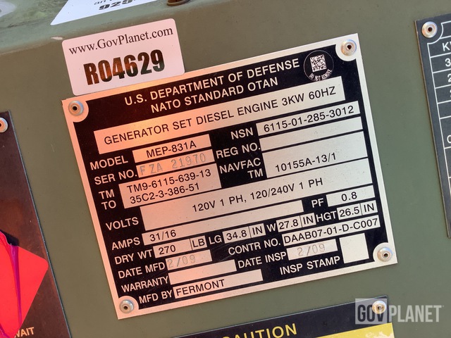 2009 Fermont MEP-831A 3kW Generator Set in Southampton, New Jersey ...