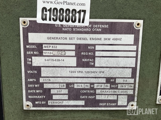 Surplus Fermont MEP-832 3kW Generator Set in Southampton, New Jersey ...