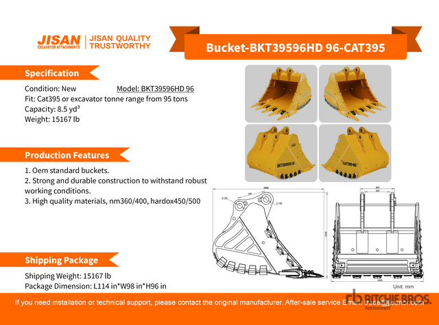 2024 Jisan BKT39596HD 96 in 8.5 cyd Digging Excavator Bucket - Fits Cat ...