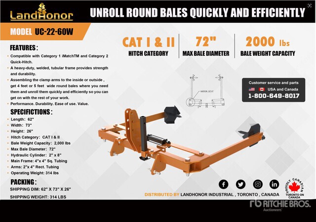 2024 Landhonor UC-22-60W 62 in x 73 in 3-Point Hitch Dérouleur de ...