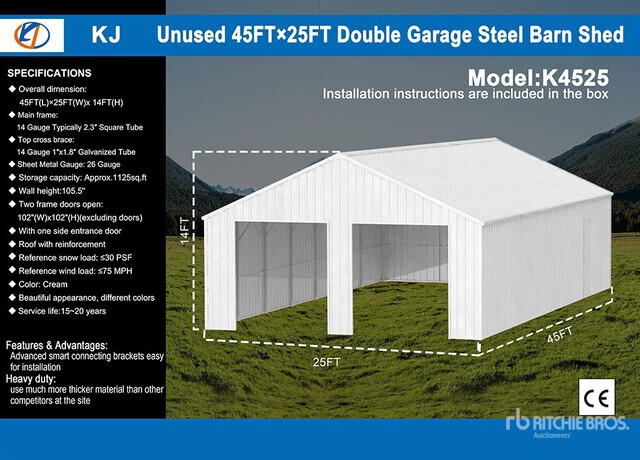 2025 KJ K4525 25 ft x 45 ft Metal Double Garage Storage Building ...
