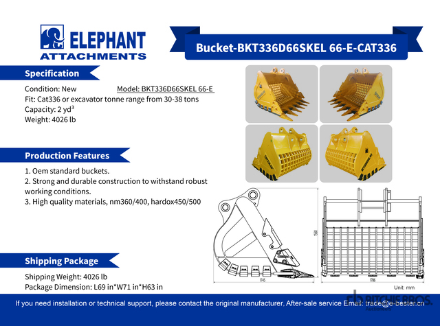 Elephant BKT336D66SKEL 66-E 66 in 2 cyd Skeleton Excavator Bucket ...