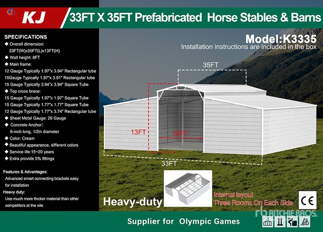 2025 KJ K3335 33 ft x 35 ft Prefabricated Horse Stables & Barns Storage ...