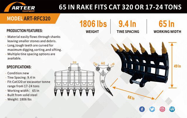 2025 ARTEER ART-RFC320 65 in Excavator Rake - Fits Cat 320 / 17 - 24 ...