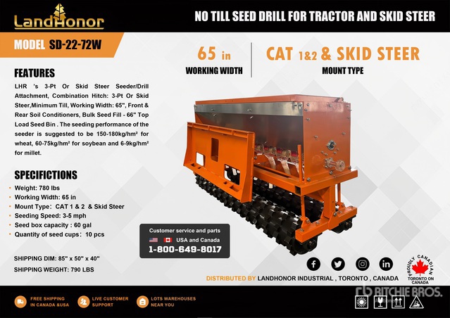 2025 Landhonor SD-22-72W NO Till Seed Drill for Tractor and Skid Steer ...