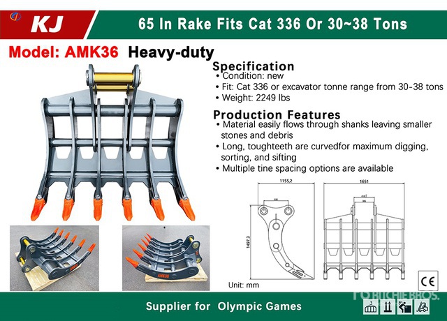 2026 KJ AMK36 65 in Excavator Rake - Fits Cat 336 / 30 - 38 ton (Unused ...