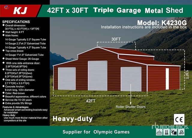2026 KJ K4230G 42 ft x 30 ft Triple Garage Metal Shed (Unused ...