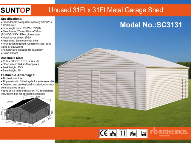 2026 SUNTOP SC3131 31 ft x 31 ft Double Garage Metal Shed (Unused ...