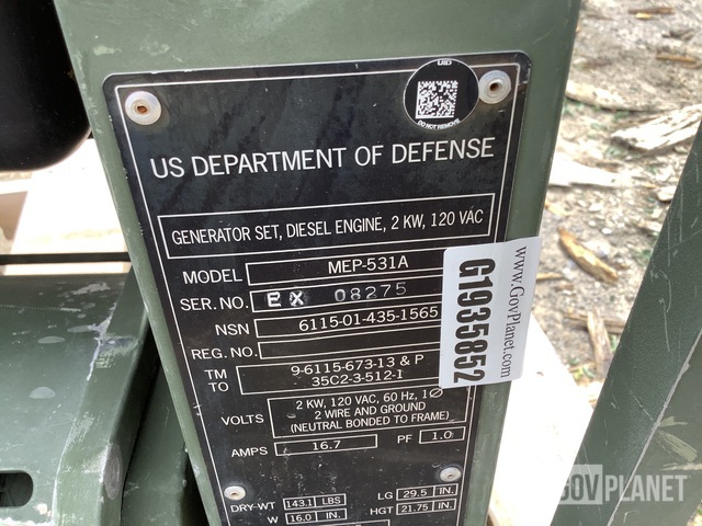 Surplus Dewey Electronics MEP-531A 2kW Generator Set in Chambersburg ...
